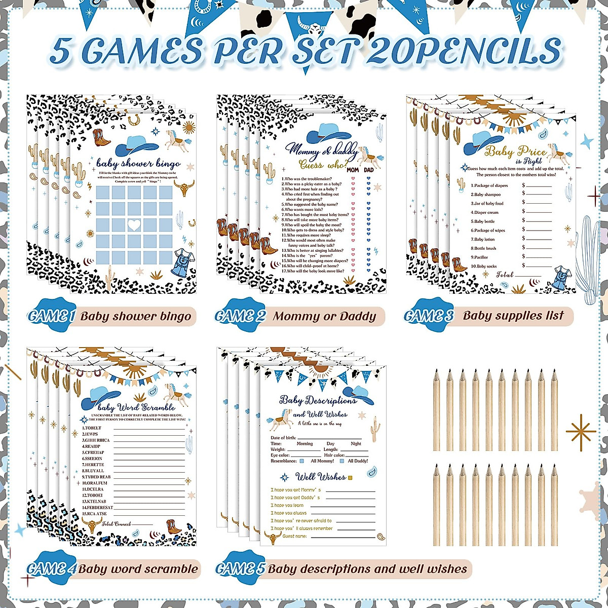 145 Pcs Baby Shower Games for Boy or Girl 5 Game Activities Card with 20 Pencils Include Baby Shower Bingo, Guess Who, Description and Well Wishes, Word Scramble Game (Cowboy Style)