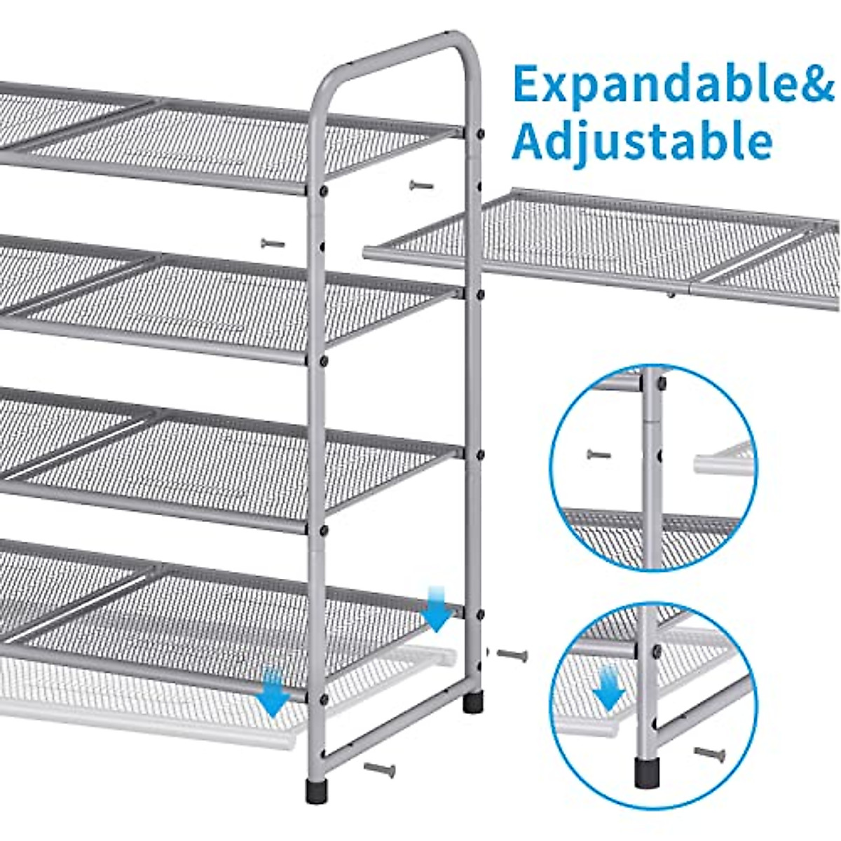 Simple Trending 4-Tier Stackable Shoe Rack, Expandable & Adjustable Shoe Shelf Storage Organizer, Metal Mesh, Silver