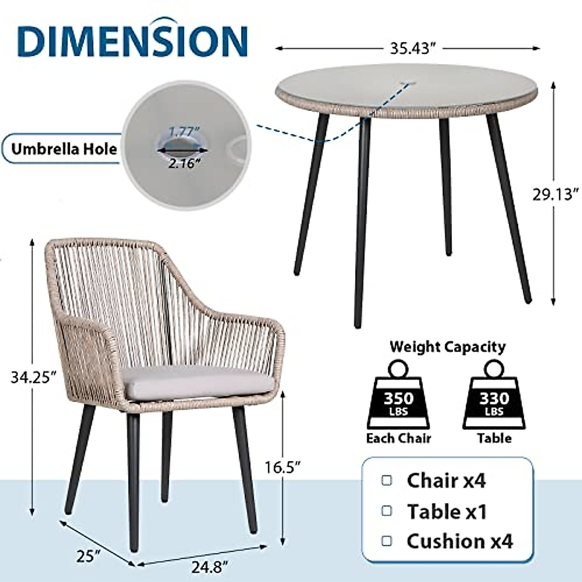 JOIVI 5 Piece Outdoor Dining Set, Wicker Patio Furniture Dining Table and Chairs Set with Cushions for 4 People, Tempered Glass Tabletop with 2.16” Umbrella Hole, for Lawn, Backyard, Garden
