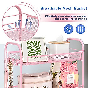 TOOLF 3-Tier Metal Rolling Cart, Mesh Wire Easy Assemble Utility Cart, Storage Trolley on Wheels with Hooks, Tiered Storage Shelving Organizer for Kitchen Bathroom Laundry Room