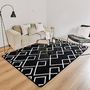 Toneed Geometric Area Rugs Memory Foam Carpet, 4 x 6 Feet Black Washable Shag Rug Modern Low Pile Moroccan Rug for Bedroom Living Room Dorm Nursery Kids Room Home Decor