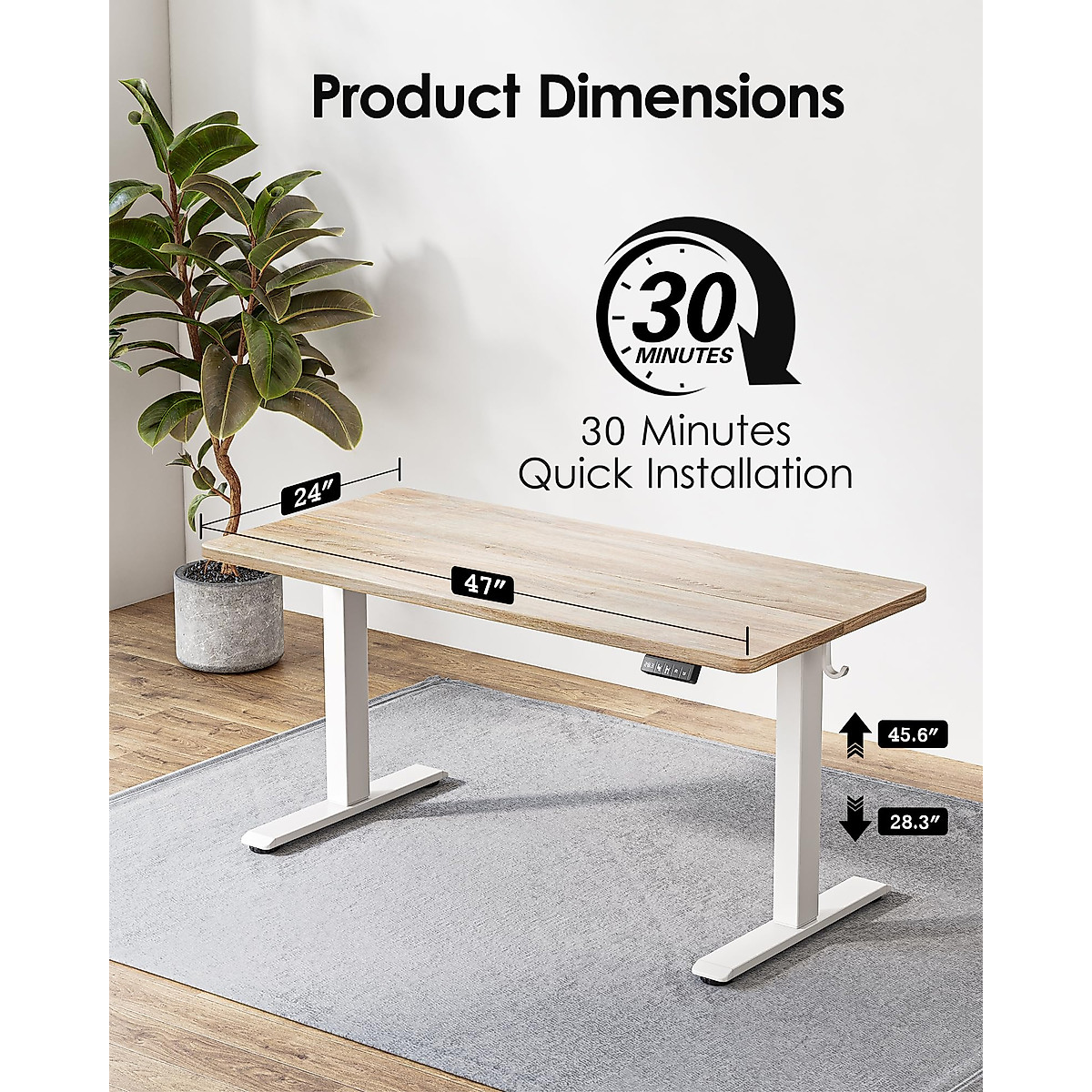 TIQLAB Standing Desk 47 x 24 inch, Electric Height Adjustable Desk with Splice Board, Stand Up Desk with Casters, Sit Stand Desk Computer Desk for Home Office, White Frame/Maple Top