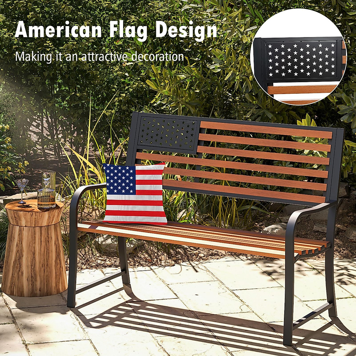 Giantex Outdoor Bench, 2-Person Metal Garden Bench with American Flag Backrest, Curved Armrests & Slatted Seat, 660 Lbs Capacity, Outdoor Bench for Lawn, Porch, Yard, Park Bench