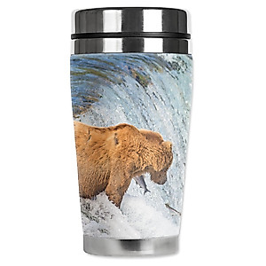 Mugzie 16 Ounce Stainless Steel Travel Mug with Wetsuit Cover - Bear Fishing
