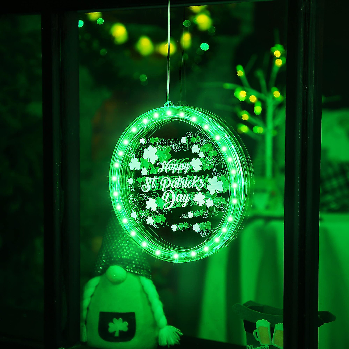 Enhon St. Patrick's Day Clover Window Light Decoration, Backdrop Decorative Saint Patrick Green Light for Windows Pathway Patio Bedroom Party Holiday Wall Decor (Word Style)