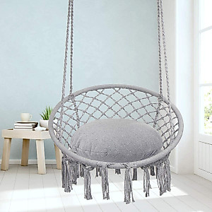 Y- STOP Hammock Chair Macrame Swing, Max 330 Lbs, Hanging Cotton Rope Hammock Swing Chair for Indoor and Outdoor Use, Light Grey