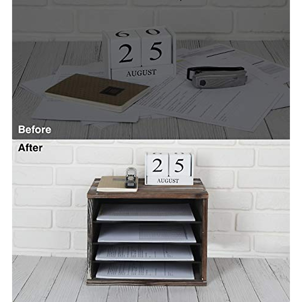 J JACKCUBE DESIGN Rustic Wood Desk Organizer 4 Compartment Paper File Holder for Home and Office, Document Storage, File sorter, Mail and Letter Tray- MK560A