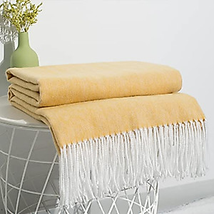 Carriediosa Herringbone Weave Throw Blanket with Fringe Super Soft Faux Cashmere Farmhouse Decorative Knit Tassel Blankets Lightweight Outdoor Thin Throws for Couch Bed Sofa, 50" X 60" Yellow