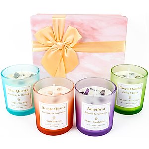 Scented Candles with Healing Crystals, Set of 4 Candle with Crystals and Healing Stones, Candle Clearance Gifts for Women, Rose Sage Amethyst Wax Candles, Bathroom Candles for Relaxation