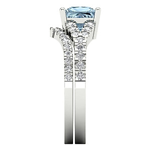 Clara Pucci 2.01ct Princess Cut Solitaire Natural Light Aquamarine Engagement Promise Anniversary Bridal Ring Band set 14k White Gold 7.5