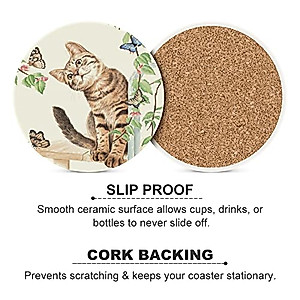 Cat Butterfly Coasters for Drinks, Set of 4, 4 Inch Absorbent Diatomite Ceramics Coasters with Cork Base, Tabletop Protection, Suitable for Dining Tables, Desks, Restaurants, Cafes