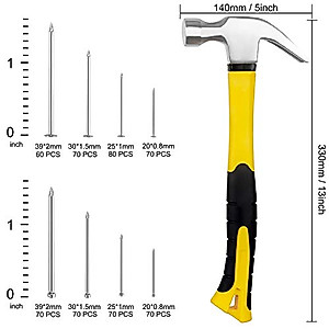 KURUI 16 oz Hammer & 560PCs Hardware Nail Assortment Kit,Claw Hammer Set with Anti-Slip Handle, Anti-Corrosive Galvanized 280 Picture Hanging Nails & 280 Finishing Nails for Household and DIY