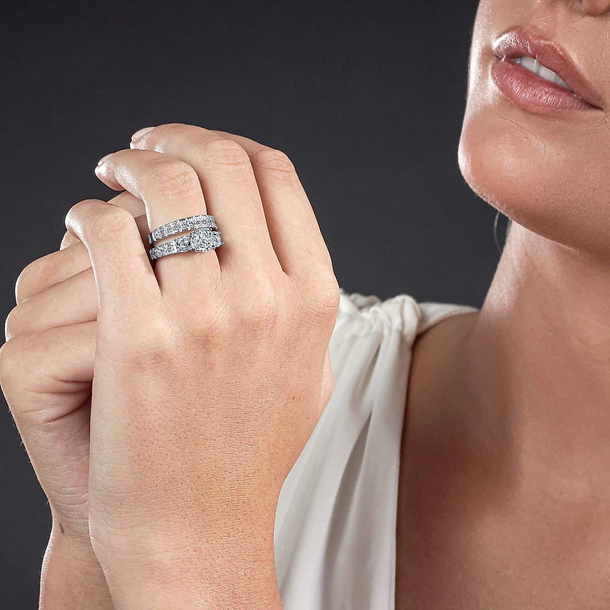 1.25 Carats Sterling Silver Past Present Future 2-Pc Bridal Set Cubic Zirconia Engagement Wedding Ring Band ( size 8)