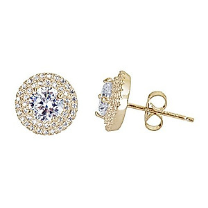 Sterling Silver Cubic Zirconia 11mm Round Double Halo Stud Earrings (yellow-gold-and-sterling-silver)