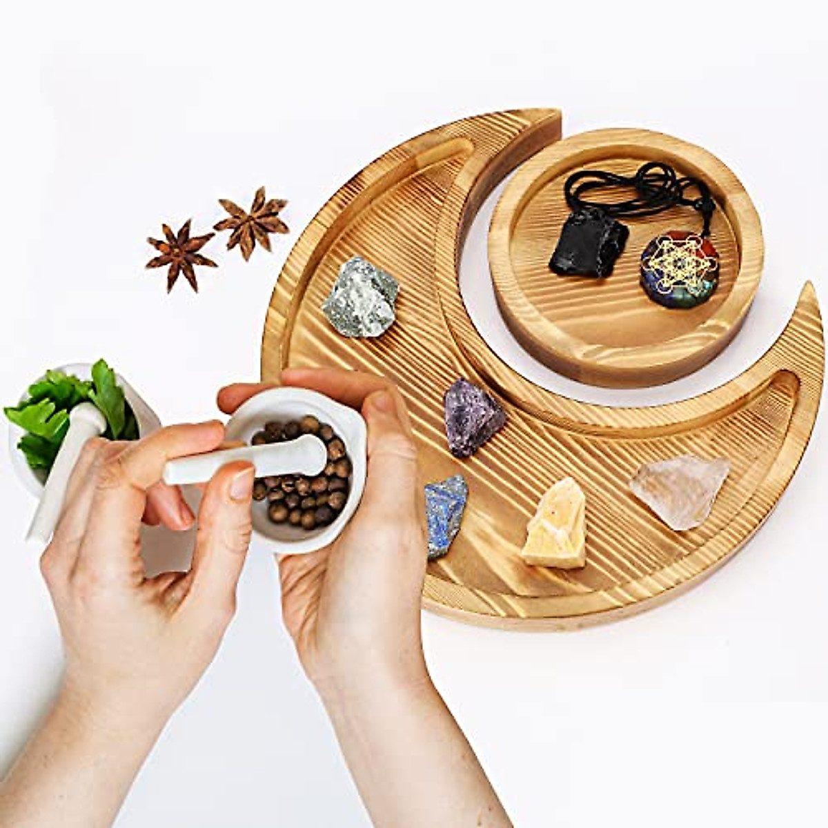 BestFire Moon Tray with Round Tray Crystal Holder Display Moon Tray Crystal Holder Wooden Crystal Organizer Essential Oil Dish for Rings & Jewelry -Mother's Day, Valentine's Day Gifts (Light brown)