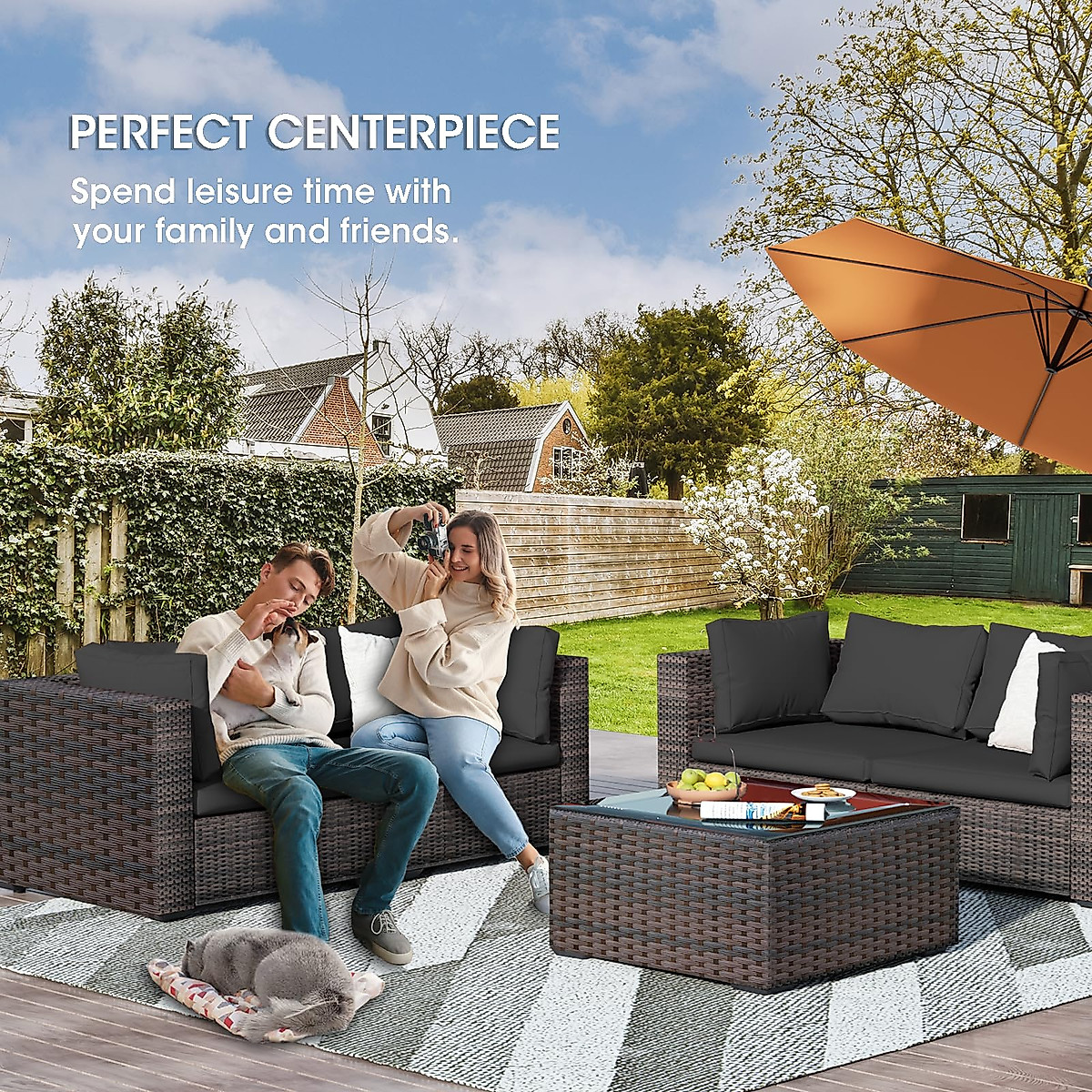 TANGJEAMER 9 Piece Patio Furniture Set All Weather PE Rattan Outdoor Sectional Sofa Couch with No-Slip Cushions and Glass Top Table for Garden, Poolside, Backyard (Black)