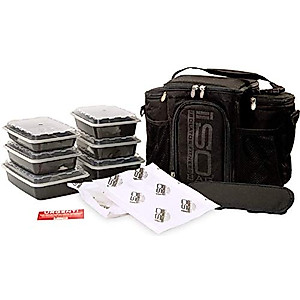 Meal Prep Bag ISOBAG 3 Meal Insulated Lunch Bag Cooler with 6 Stackable Meal Prep Containers, 2 Ice Pack ISOBRICKS, and Shoulder Strap - MADE IN USA (Blackout)