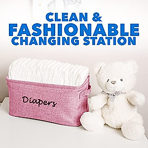 Dejaroo - Baskets for Organizing Diapers and Newborn Essentials, Baby Diaper Caddy Organizer, Embroidered Baby Shower Gifts for Moms, Linen Basket with Handle, 12 x 6 x 6 Inches, Pink