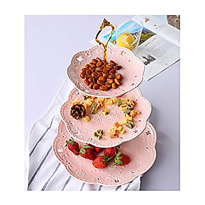 Jusalpha 3-Tier Pink Porcelain Cake Stand/Cupcake Stand/Dessert Stand/Tea Party Pastry Serving Platter/Food Display, Stand, Comes in a Gift Box- Free Sugar Tong, Pink