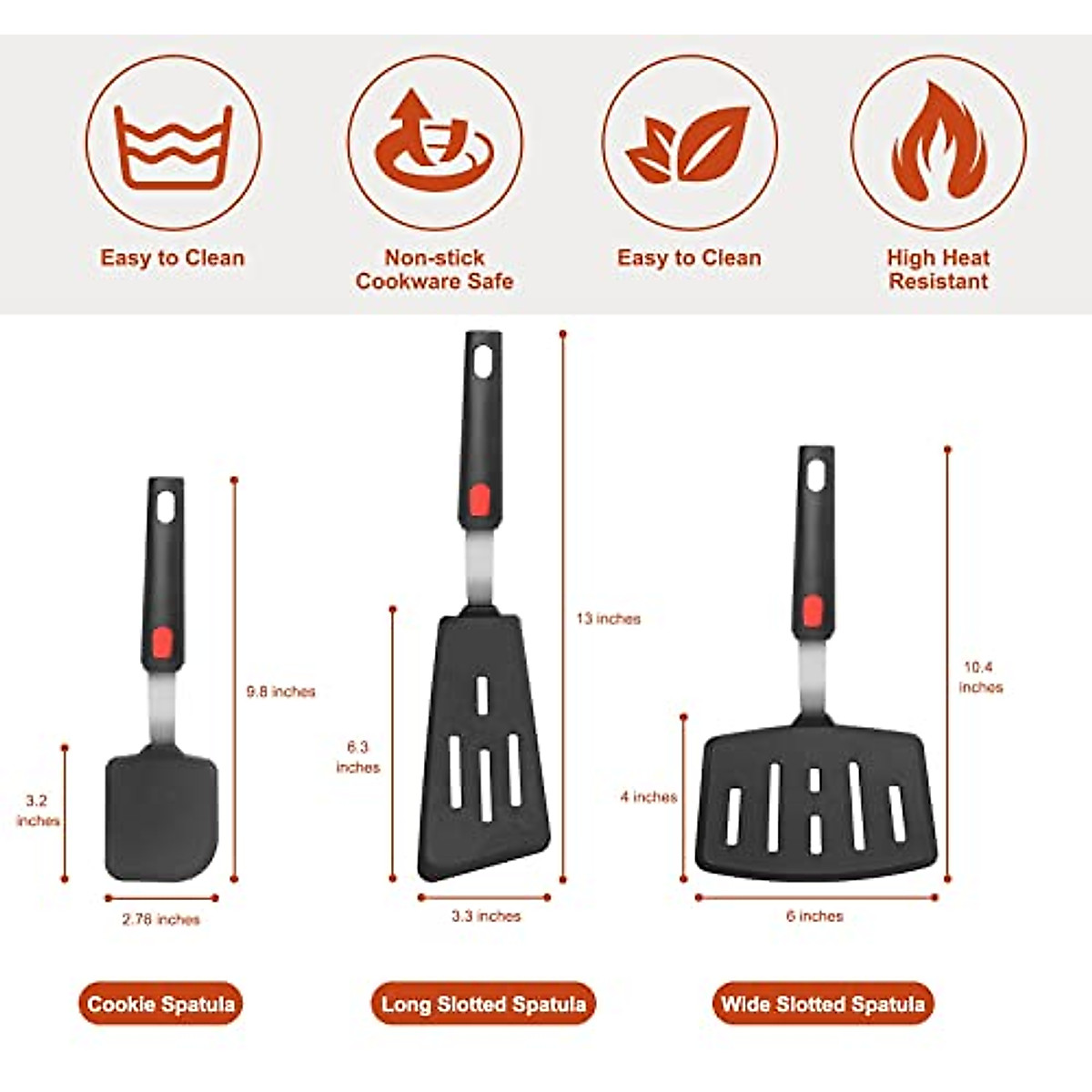 Hotec Flexible Silicone Spatula, Turner, 600F Heat Resistant, Ideal for Flipping Eggs, Burgers, Pancakes, Crepes and More (3 Pack)