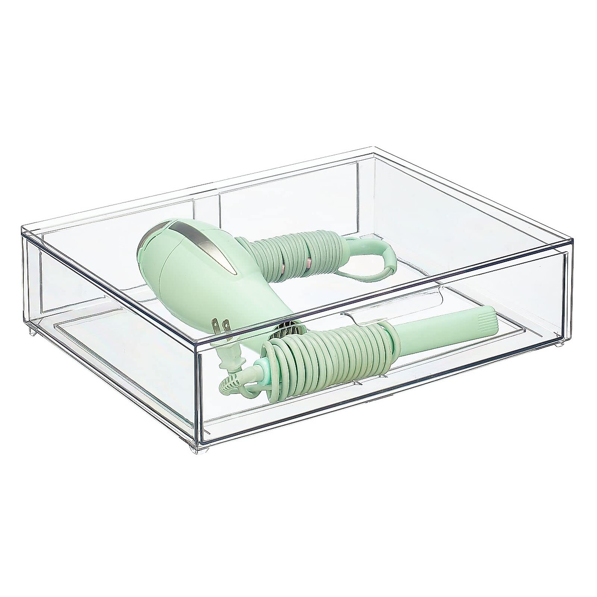 mDesign Wide Plastic Stackable Bathroom Storage Organizer Bin with Pull Out Drawer for Cabinet, Vanity, Shelf, Cupboard, Cabinet, Countertop, or Closet Organization - Lumiere Collection - Clear