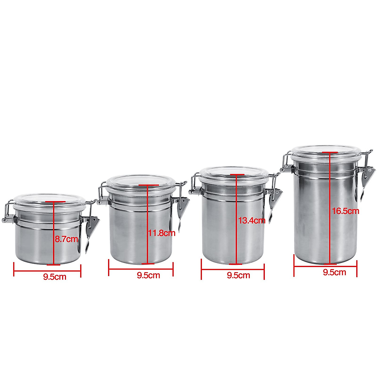 Food Storage Container Set, 4 Sizes Stainless Steel Kitchen Food Storage Container Bottle with Clear Lids for Tea Coffee Sugar Flour Baking Dry Storage, Metal Pantry(34x20x24cm / 13.4x7.9x9.4in)