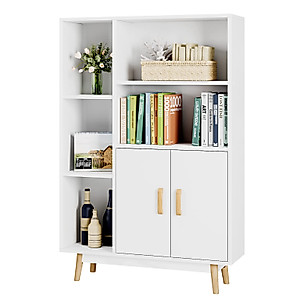 FOTOSOK Floor Storage Cabinet with 2 Shelves and 3 Cubes, Bookcase with Doors, Bookshelf Cabinet with Legs for Kitchen, Living Room and Home Office, White