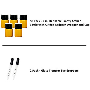 Youngever Essential Oils Bottles, 50 Pcs 2 ml Amber Glass Vials Bottles with Orifice Reducers and Black Caps, With 2 Glass Transfer Eye droppers