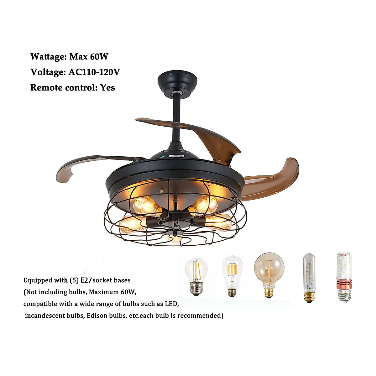 OUKANING Ceiling Fan with Light Industrial Ceiling Fan Retractable Blades Vintage Cage Chandelier Fan with Remote Control-5 Edison Bulbs Needed Not Included (36 Inch)