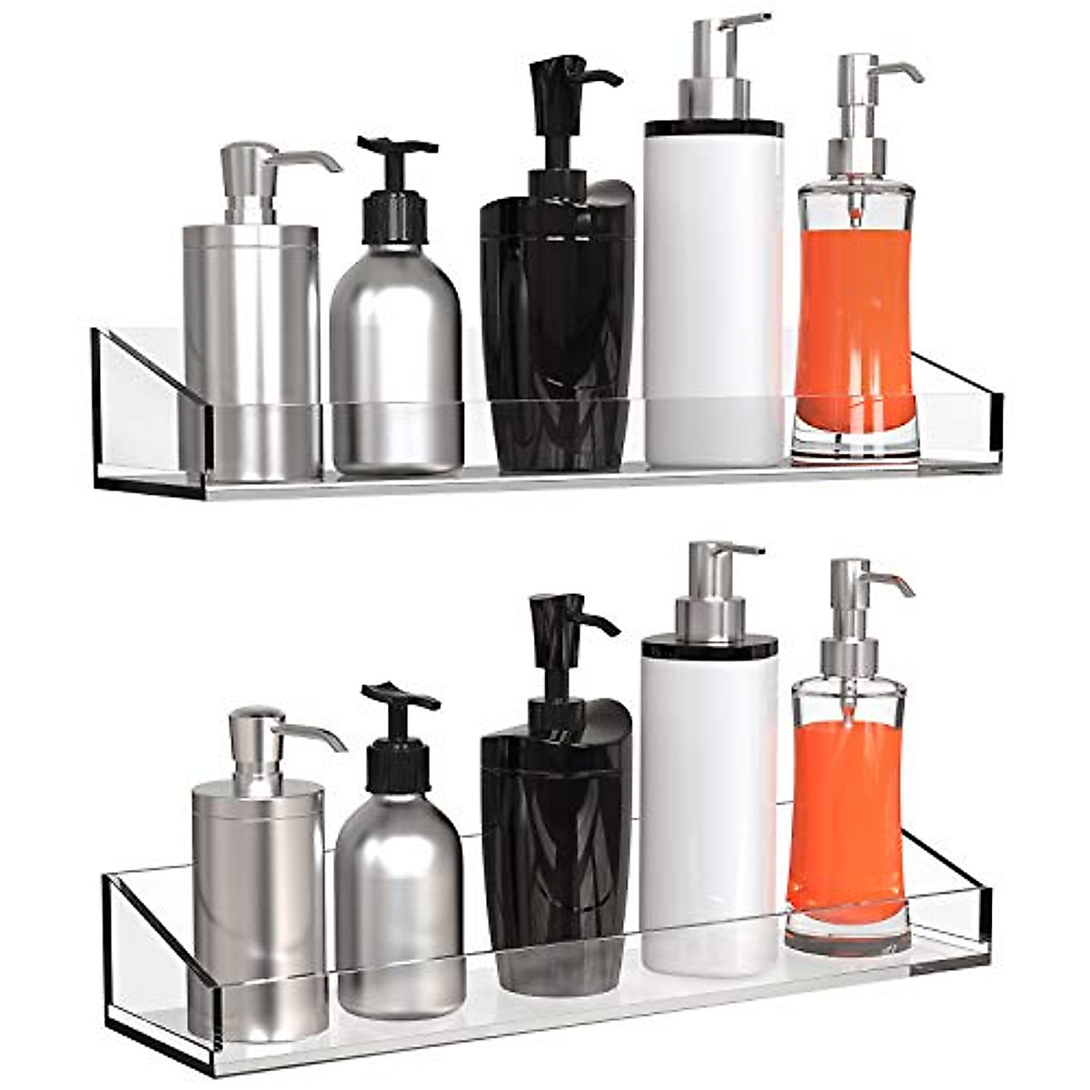 Vdomus Acrylic Bathroom Shelves, Wall Mounted no Drilling Thick Clear Storage & Display shelvings, 2 Pack (Original) and Tempered Glass Bathroom Shelf with Towel bar Wall Mounted Shower Storage