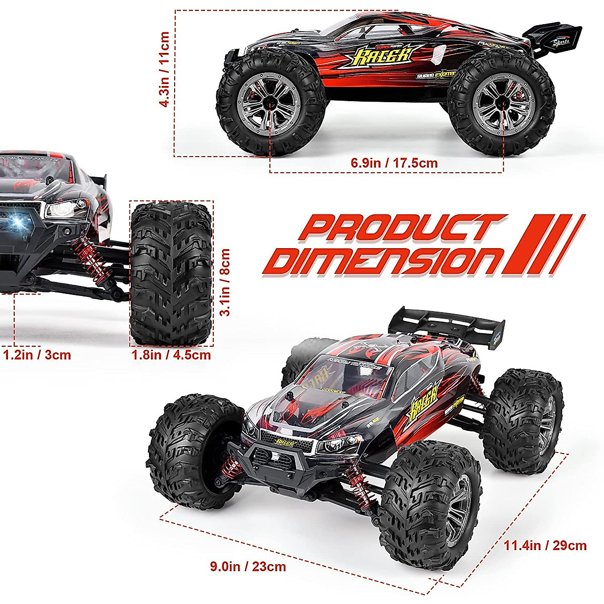 Hosim 1:16 36+kmh 4WD High Speed RC Car, Remote Control Truck Radio Off-Road Cars Vehicle Electronic Monster Hobby Buggy for Adults and Children 3 Batteries 40+min Play