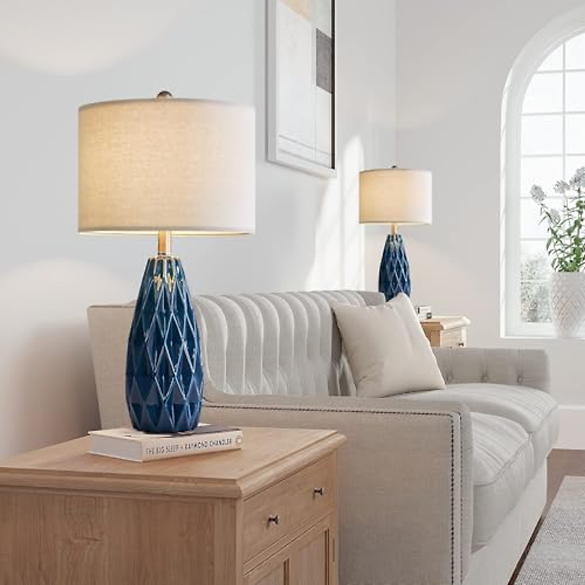 G-SAFAVA Modern Ceramic Table lamp Set of 2, Blue Embossed Geometric Pattern Bedside lamp Tall Nightstand Lamp End Table Lamps for Living Room Bedroom