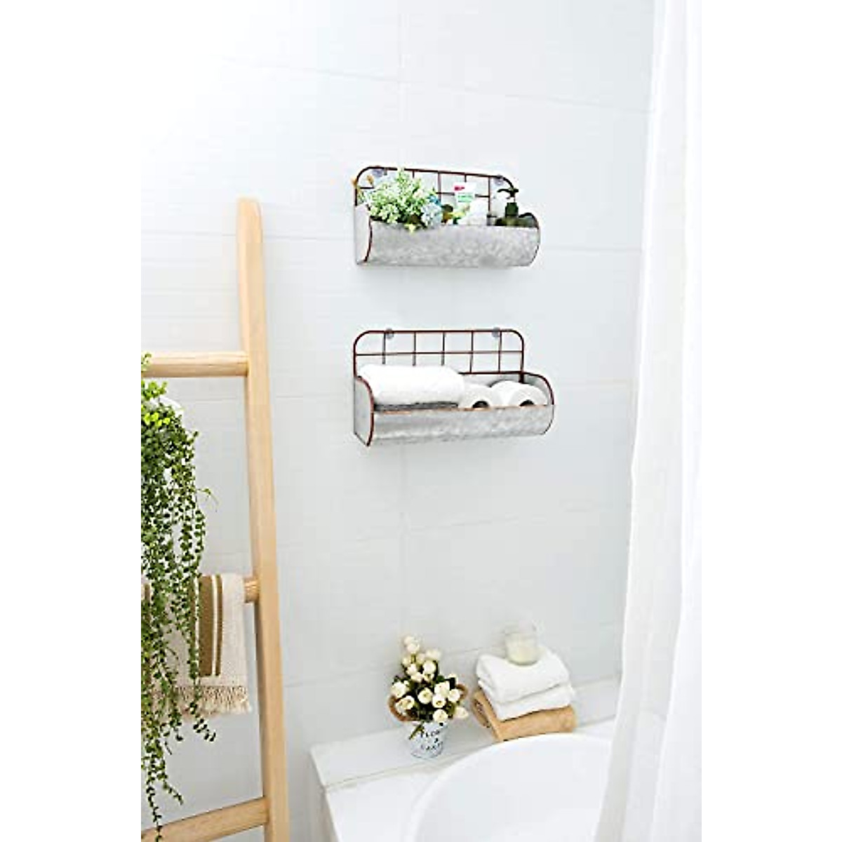 Dahey 2 PCS Farmhouse Galvanized Wall Basket Decor Bathroom Storage Bin Organizer and 2 Pack Rustic Wood Wall Shelves Display Ledge Storage Rack 17 inch