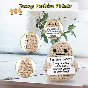 utosday Funny Positive Potato, 3 inch Cute Crochet Positive Potato Doll with Positive Card, Soft Wool Knitting Emotional Support Positive Life Potato Toy for Birthday Gifts Room Decor White Beige