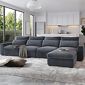 130" L-Shaped Convertible Modular Sectional Sofa with Reversible Chaise, Feather Filled, 5-Seat, 4 Pillows