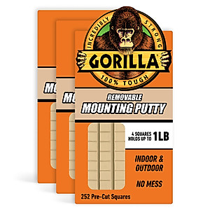 Gorilla Removable Mounting Putty, 84 Pre-cut Squares, Off White (Pack of 3)