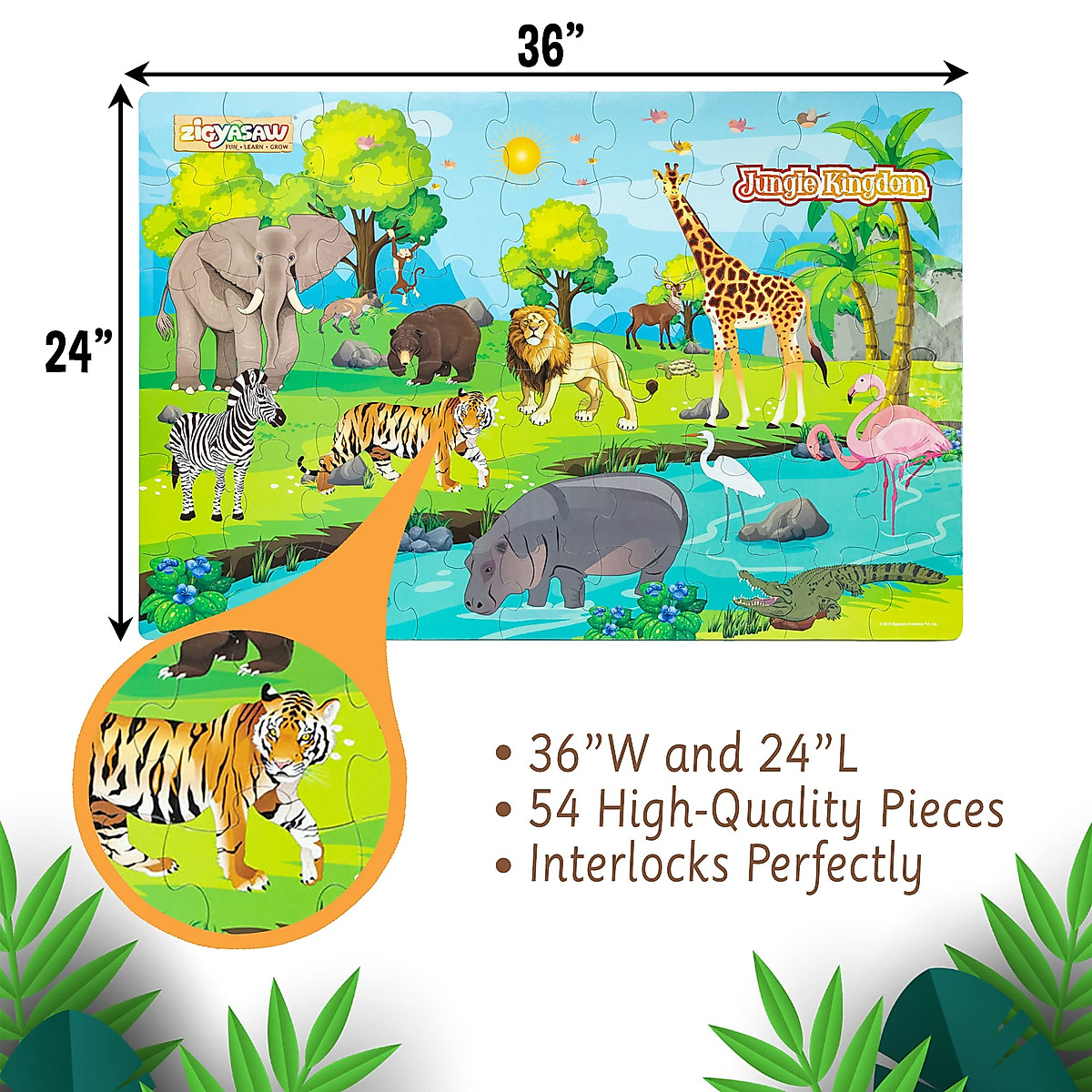 Jungle Safari Jigsaw Animal Puzzle, Floor Puzzles for Kids Ages 3-5, 4-8-10, Animal Games Kids Puzzle, Large Floor 54 Pieces Jigsaw Puzzles for Kids 36" x 24", Gifts for 4-10 Year Old Boys and Girls