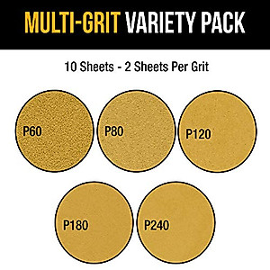 Dura-Gold Premium 9" Drywall Sanding Discs Variety Pack Box - 60, 80, 120, 180, 240 Grit (2 Discs Each, 10 Total) - Sandpaper Discs with Hook & Loop Backing, Fast Cutting For Drywall Power Sander Wood