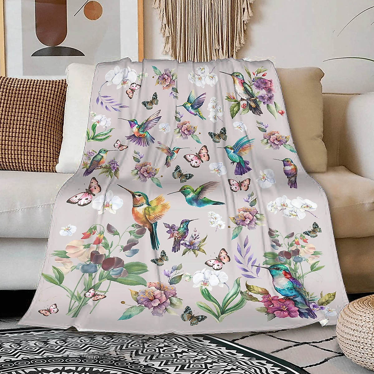 Hummingbird Throw Blanket Butterfly Hummingbirds Theme Blanket for Women Girls Hummingbird Gifts for Bird Lovers Bird Flower Blanket for Couch Bed Outdoor 40"x50"for Kids/Child
