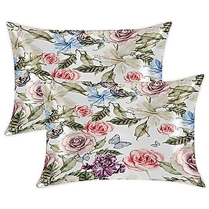 Flower Rose Butterfly Pattern Satin Pillow Cases Silk Satin Pillowcase for Hair and Skin Standard Set of 2 Super Soft Silk Pillowcase with Envelope Closure (20x26 in)