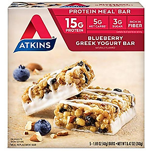 Atkins Blueberry Greek Yogurt Protein Meal Bar, High Fiber, 15g Protein, 3g Sugar, 5g Net Carbs, Meal Replacement, Keto Friendly, 5 Count