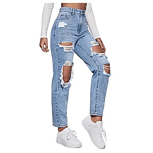 MakeMeChic Women's High Waist Straight Leg Ripped Jeans Distressed Denim Pants Light Wash2 L