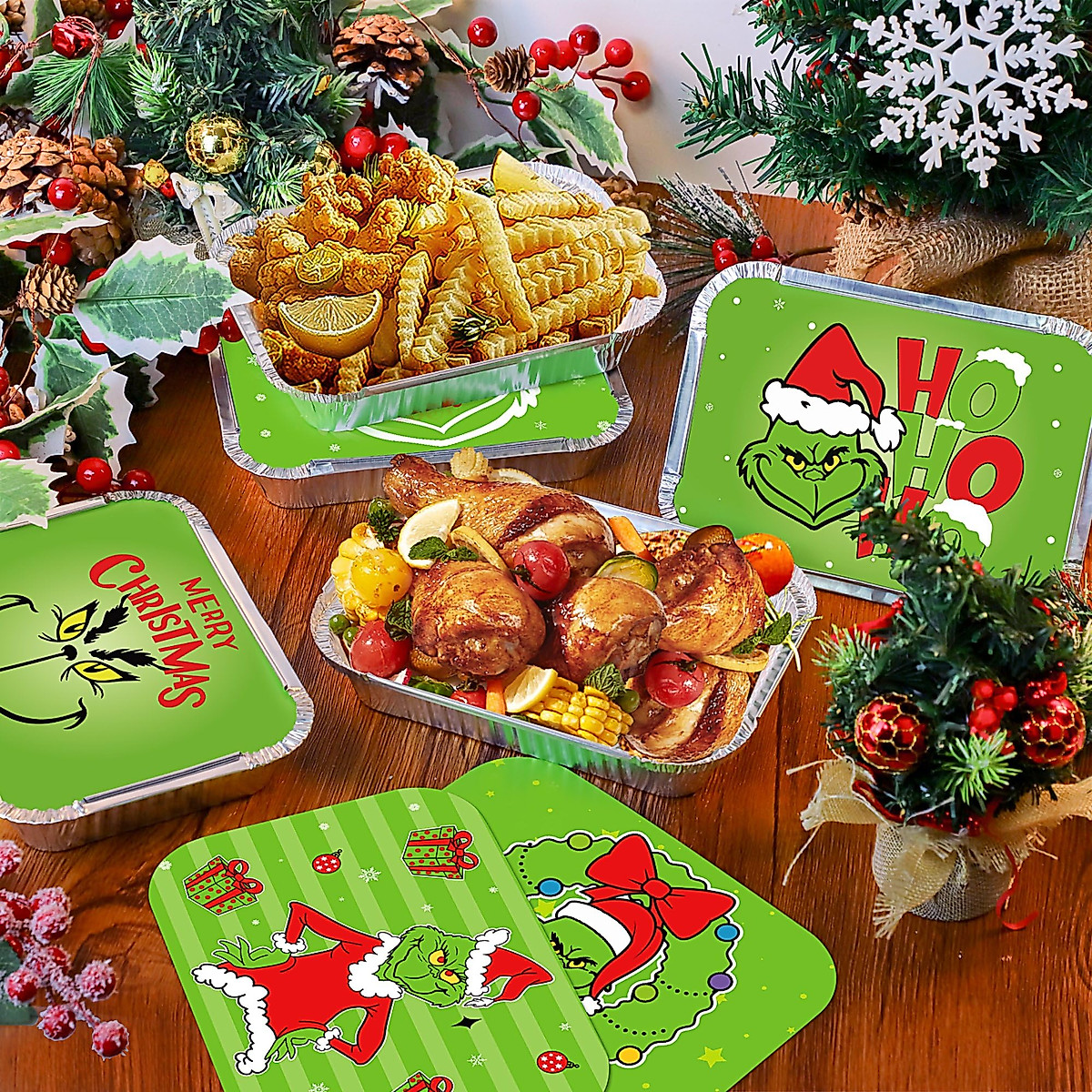 Biawoy 24Pcs Christmas Aluminum Foil Containers with Lids, Christmas Cookie Tins with Lids, Christmas Treat Containers Holiday Gift Giving and Food Storage Containers, Disposable Leftovers Containers