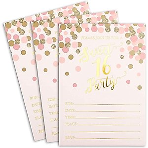 Sparkle and Bash 36-Pack Sweet 16 Birthday Party Invitations With Envelopes for RSVP Party (Pink & Gold, 7 x 5 In)