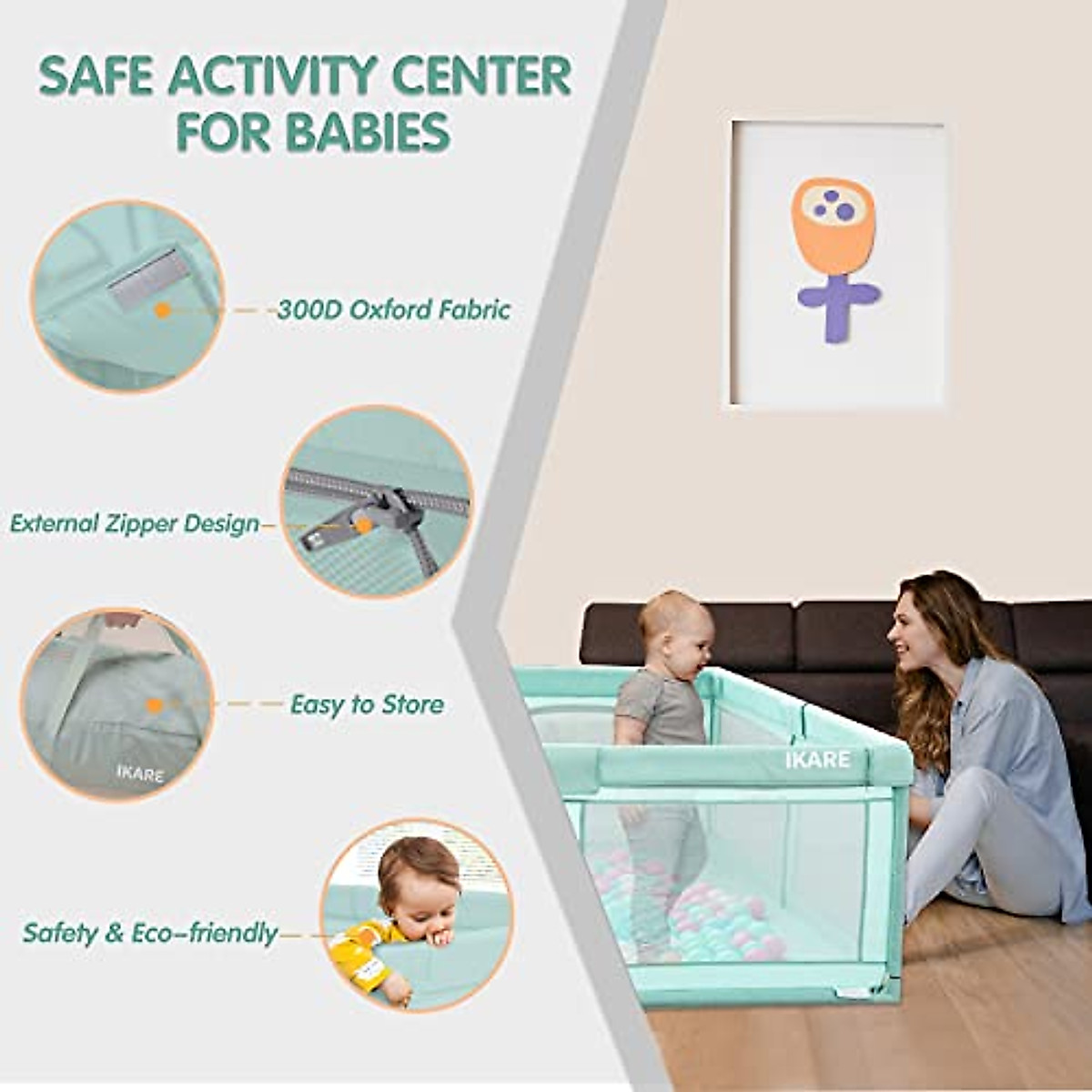 IKARE Baby Playpen, Extra Large Playard, Indoor & Outdoor Kid Activity Center Sturdy Safety Play Yard with Portable Carry Bag, Super Soft Breathable Mesh, Side Zipper Design, Fence for Infant Toddler