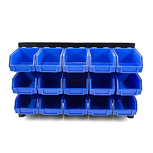 DJC Supply Heavy Duty Storage Bin Set & Steel Panel for Hanging Bin, Bench Mountable Steel Rolled Panel, 15 Bins included, Great for organzing Tools, Parts, and More. (20"X13" Bench Panel Set)