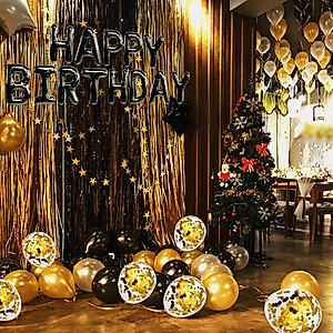 MOVINPE Black Gold Birthday Party Decoration, Black Happy Birthday Banner, Golden Fringe Curtain, Foil Tablecloth, Heart Star Confetti Balloons, 10g Table Confetti for Girl Boy Kids Men Women Adults