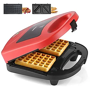 Sandwich Waffle Maker 2-IN-1, Sandwich Maker Waffle Iron with Removable Plate Nonstick for Breakfast, Omelet and Turnover Maker w/LED Indicator Lights, Cool Touch Handle, Anti-Skid Feet, Easy Clean