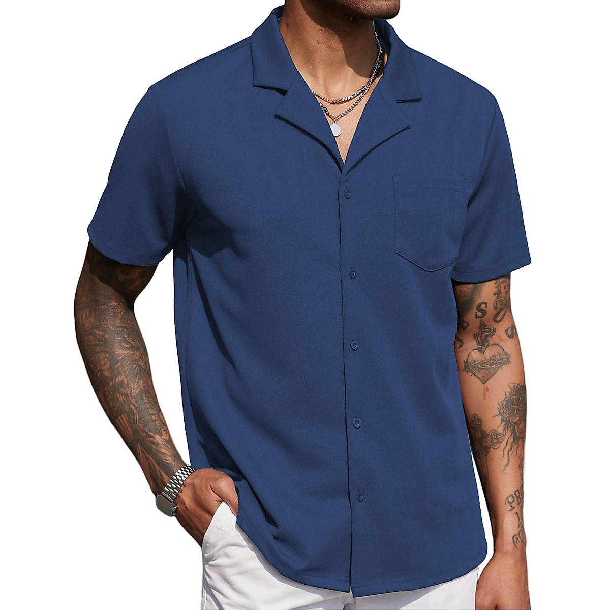 COOFANDY Men's Wrinkle Free Button Down Shirt Short Sleeve Business Casual Untucked Shirts Lightweight Stretch Shirt Navy Blue