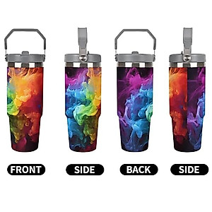 BWQJKUO Large Capacity Car Cup 30 Oz Stainless Steel Rainbow Smoke Printed Travel Mug Leak-proof Flip Straw Tumbler with Handle,keeps Cold Or Ho